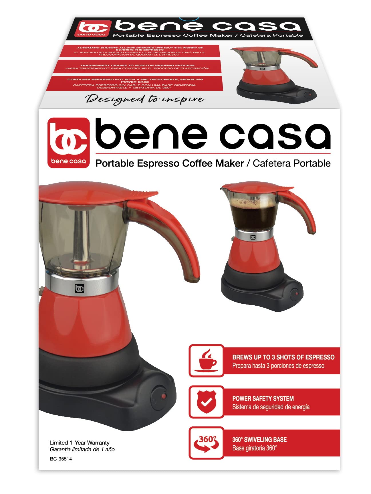 Bene Casa - Electric Espresso Maker 1-3 Cup Red, Cafetera Electrica Roja de 3 Tasa Model BC-95514.