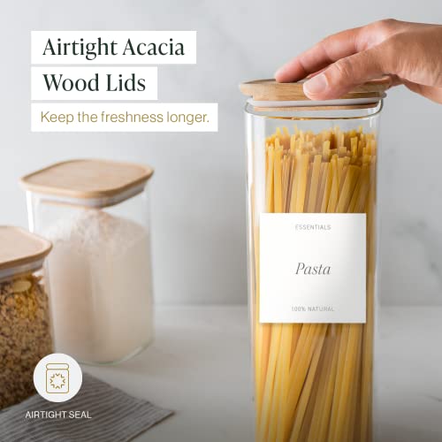 Bloom & Breeze Airtight Glass Pasta Containers for Pantry, Spaghetti Container, Glass Cereal Containers Storage, Rice Dispenser, Square Glass Storage Acacia Lids, Pack of 5