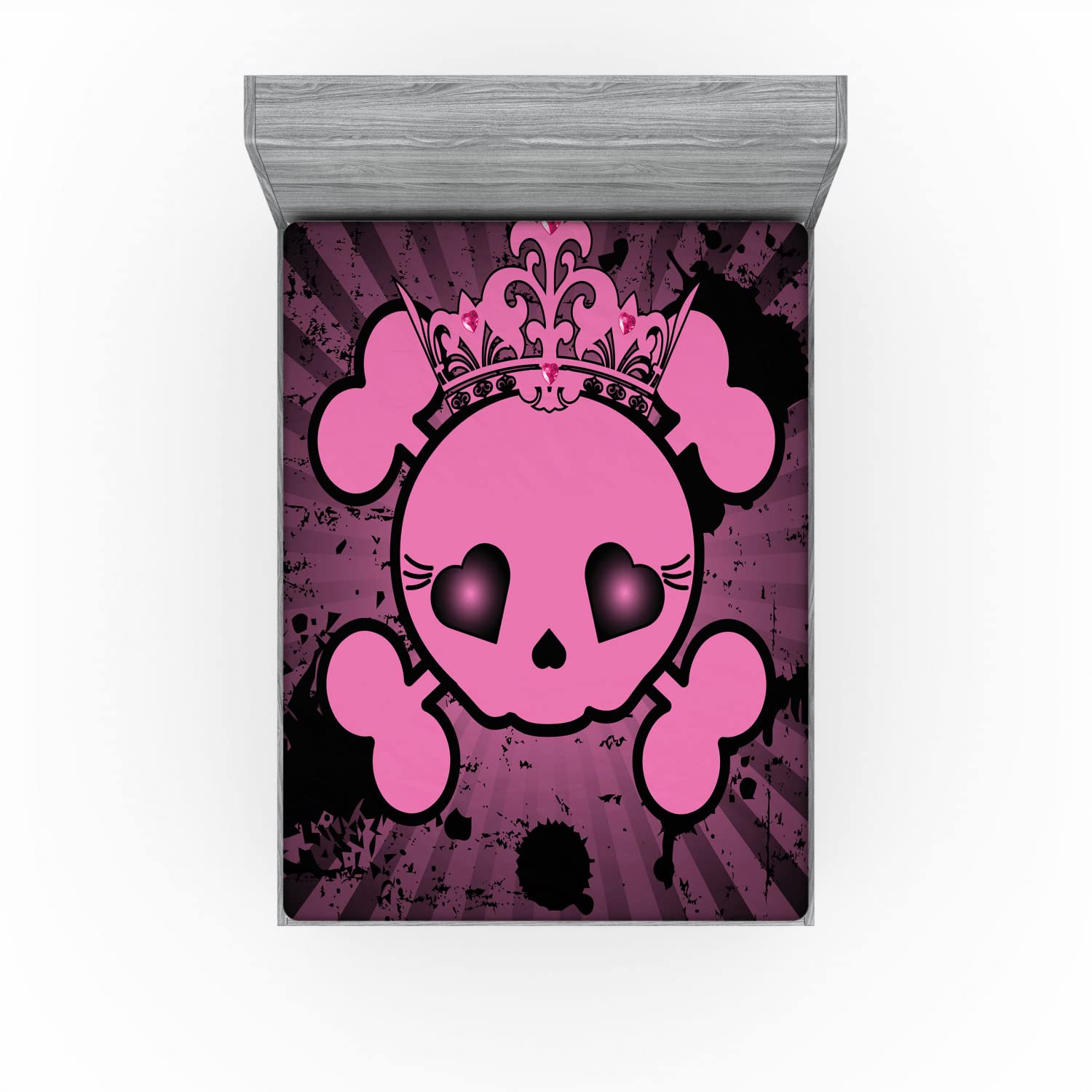 Ambesonne Skull Fitted Sheet, Illustration Crown Dark Grunge Style Teen Spooky Halloween October Fall Print, Soft Decorative Fabric Bedding All-Round Elastic Pocket, Queen Size, Black Pink