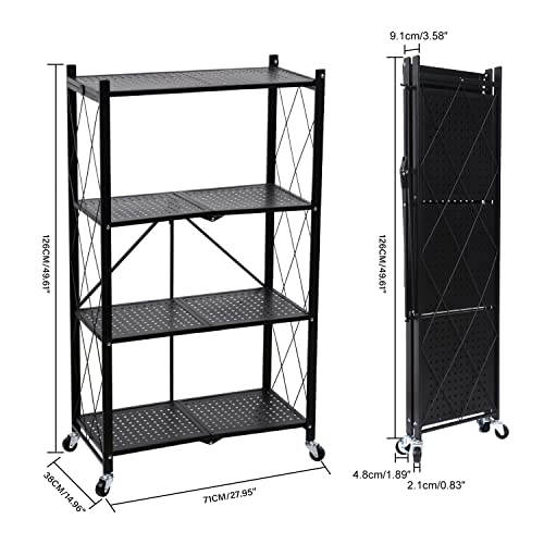 Simple Deluxe 4-Tier Heavy Duty Foldable Metal Rack Storage Shelving Unit with Wheels Moving Easily Organizer Shelves Great for Garage Kitchen Holds up to 1000 lbs Capacity, Black, 1-Pack