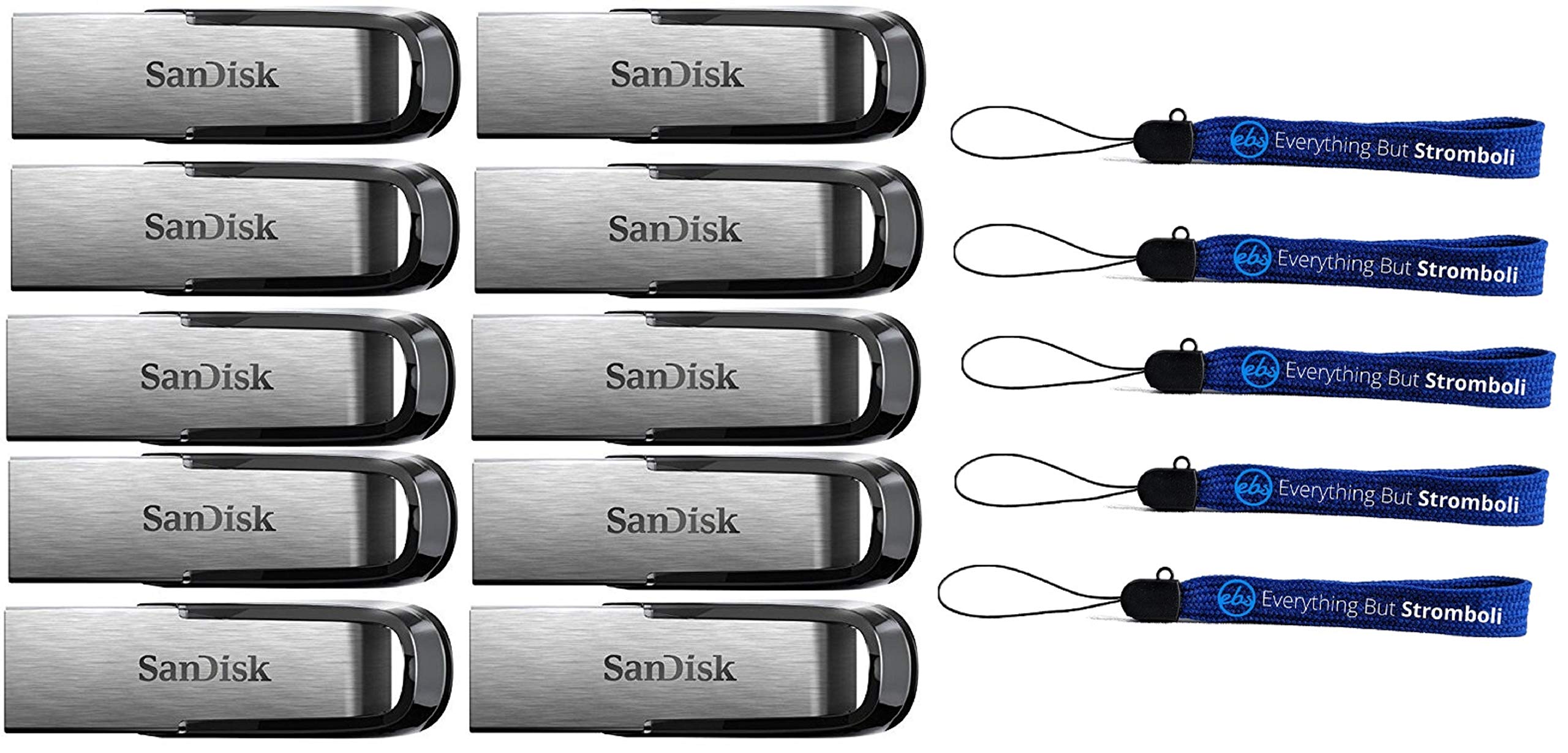 SanDisk 64GB Ultra Flair USB (10 Pack) 3.0 Flash Drive High Performance 130MB/s (SDCZ73-064G-G46) Bundle with (5) Everything But Stromboli Lanyards