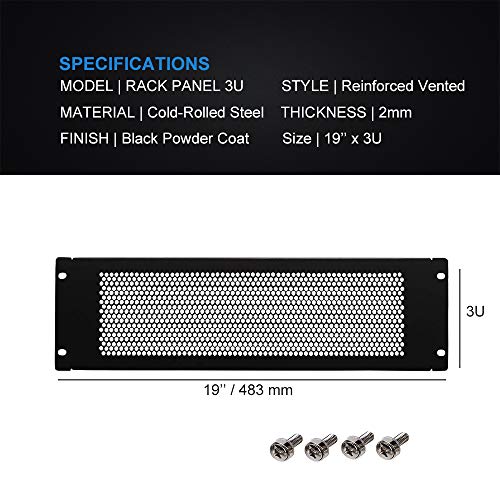 KENUCO Blank Rack Mount Panel Spacer with Venting for 19-Inch Server Network Rack Enclosure Or Cabinet Black (Plate-3U)