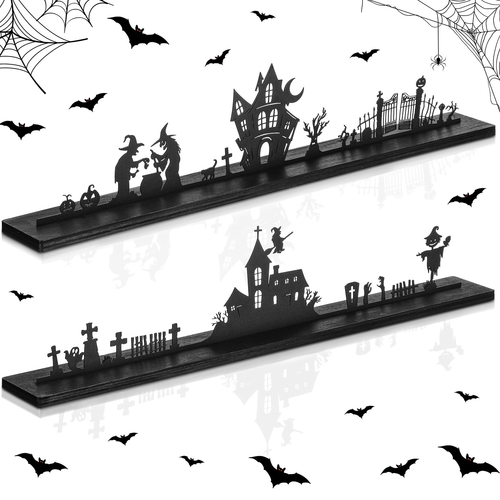 Amyhill 2 Pcs Halloween Metal Table Decorations 15.8 Inch Silhouette Haunted House Cemetery Signs Black Spooky Halloween Witch Cauldron Ghost Detachable Tabletop Centerpiece Decor for Home Table Shelf
