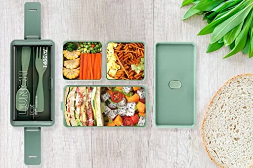 Bento Box Adult Lunch Box, 2 Layer Stackable Bento Lunch Containers for Adult with 3 Compartments, BPA-FREE Bento Lunch Box with Utensil(49 Oz), Leak-Proof Salad Box Microwave Safe Bento Box
