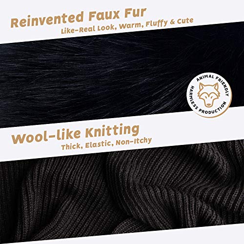 Futrzane Faux Fur Hooded Scarf for Women - Versatile Knitted Cowl for Winter (Black - Black Raccoon)