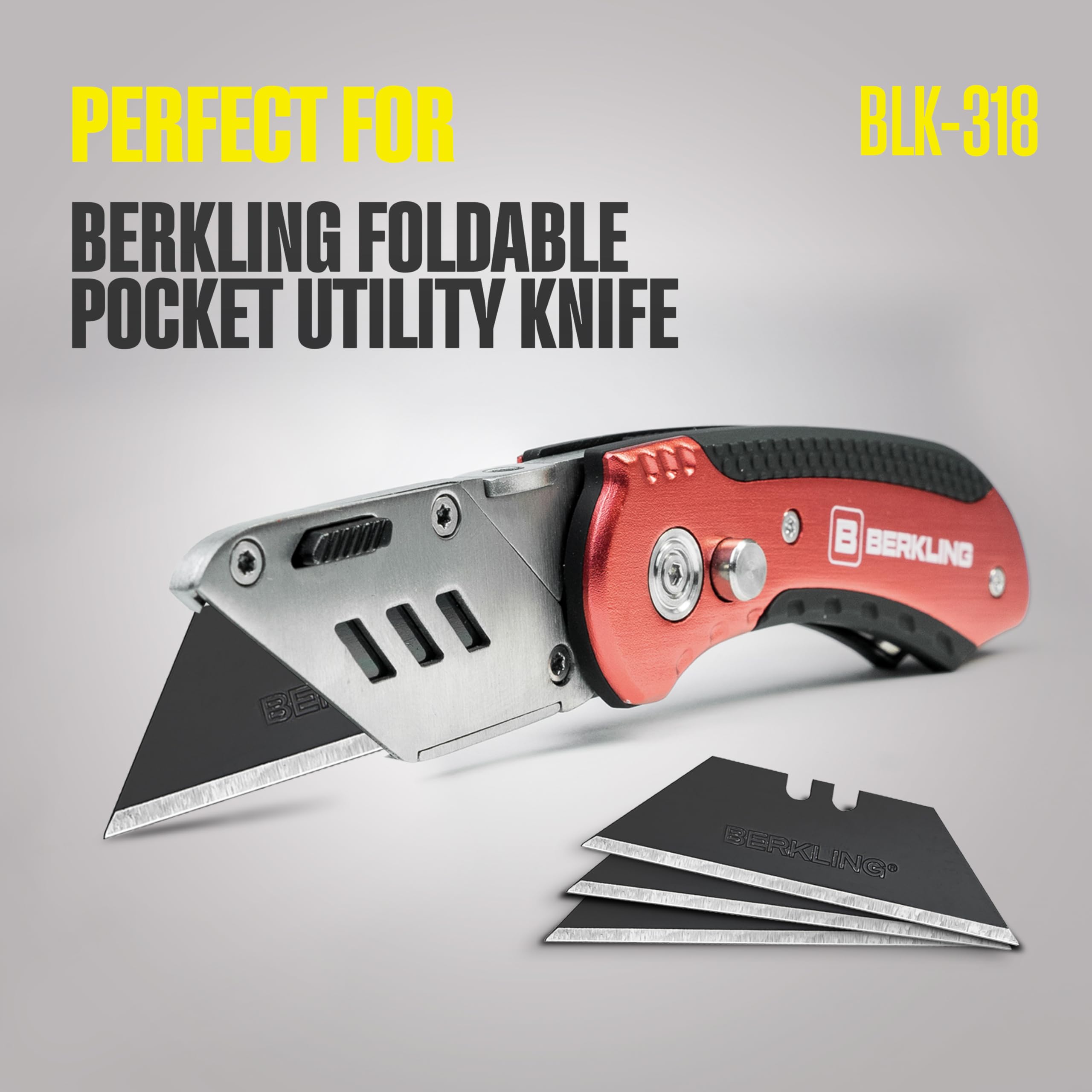 Berkling Utility Knife Blades 50 PCS With Dispenser, SK2H Laser Sharpened Hardened Black Carbon Steel, Ultra 3X Sharper, and 5X More Durable, Standard T-Shape Replacement Box Cutter Razor Blades