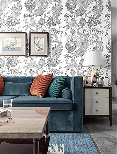 Blooming Wall Black White Elegant Modern Lotus Lily Leaf Peel and Stick Wallpaper Self-Adhesive Prepasted Wallpaper Wall Mural Wall Decor (17.7βx118β, Black/White)