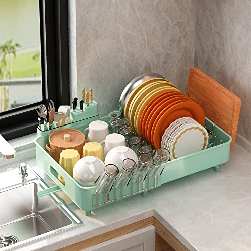 ADBIU Large Dish Drying Rack with Drainboard Set（12.8" - 20"） Expandable Compact Dish Drainer, 1 Piece Cyan