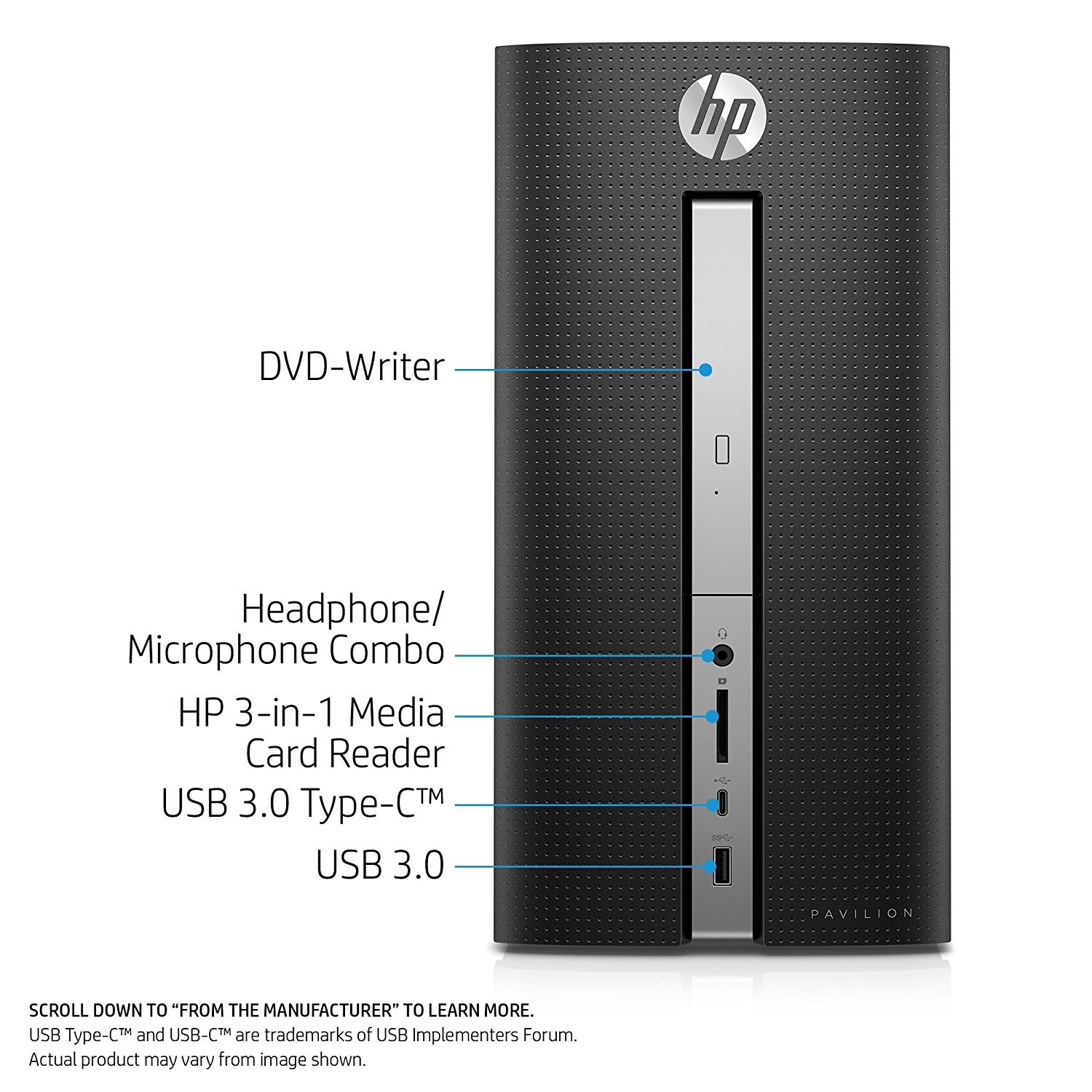 HP Pavilion Desktop Computer, Intel Core i7-7700, 12GB RAM, 1TB Hard Drive, Windows 10 (570-p030, Black)