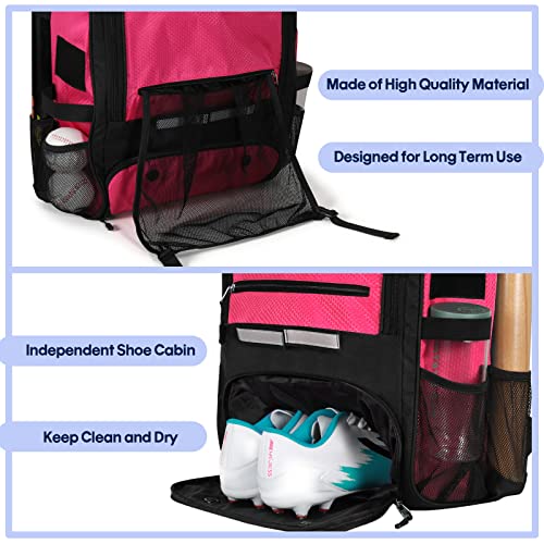 Baseball Softball Bag for Girls and Adults, Baseball Bag with Separate Shoe Compartment, Large Baseball Backpack, Softball Backpack with Fence Hook, Baseball Bat Bag with 4 Side Sleeves Pink
