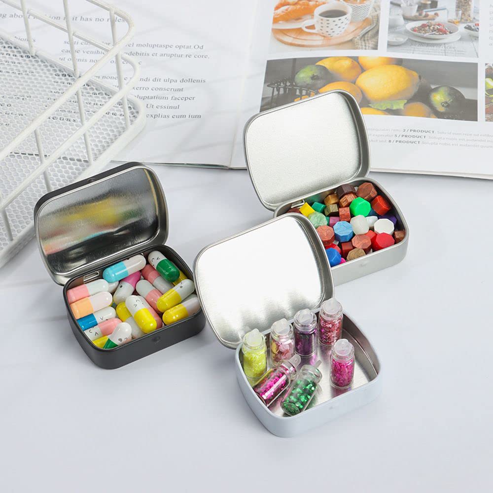AKOAK 3 Pcs 2.4 x 1.7 x 0.6 Inches Rectangular Empty Hinged Tins Box Containers for First Aid Kit,Survival Kits,Storage,Herbs,Pills,Crafts and More (Silver)