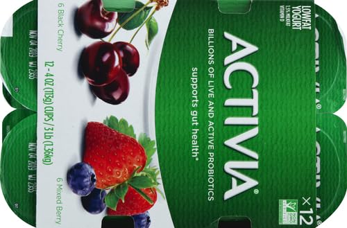 Activia Black Cherry and Mixed Berry Probiotic Yogurt, Delicious Lowfat Yogurt Cups to Help Support Gut Health, 12 Ct, 4 OZ