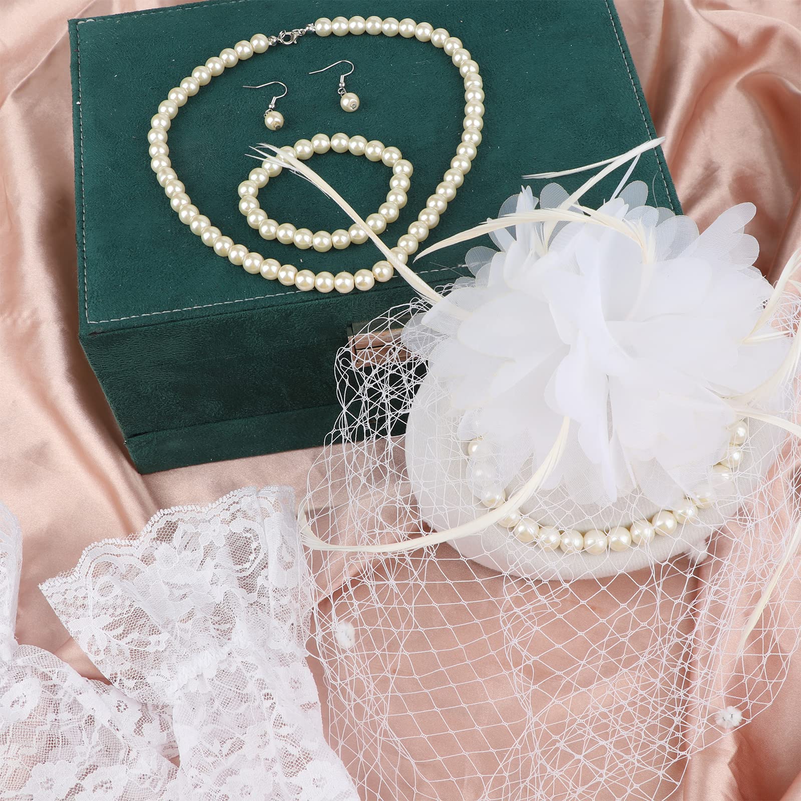 5PCS Fascinators Hat Veil Mesh Headband Set Tea Party Fascinators Set Lace Gloves, Pearl Necklace, Bracelet, Earrings (White)