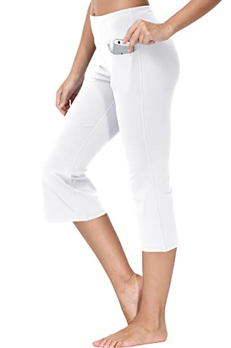 Cakulo Women's Plus Size Capris Pants Yoga Flare High Waist Bootcut Stretch Jean Casual Palazzo Cream Bottoms Knee Flared Leggings with Pockets White XL