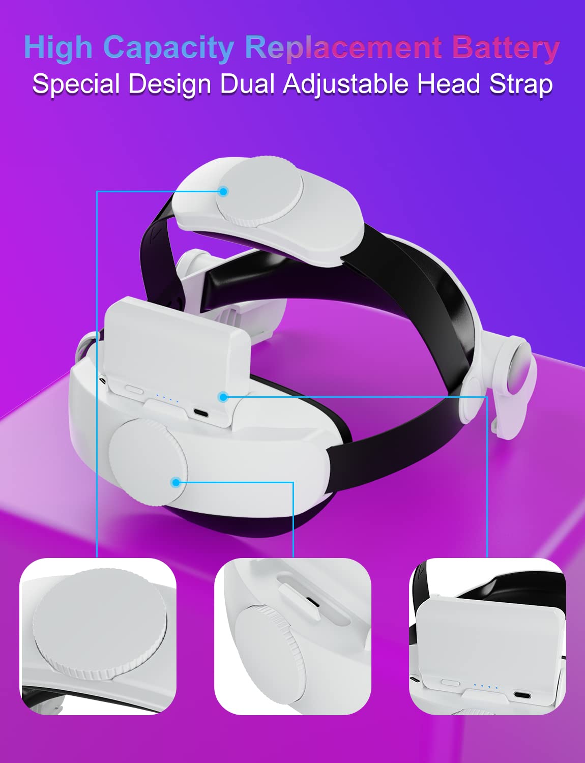 AIOBUVR 7000mAh Battery Pack Head Strap Accessories Compatible with Oculus Quest 2, Replaceable Hot Swap Battery,Double Angle Size Adjustment Design Head Strap for Enhanced Support and Comfort in VR