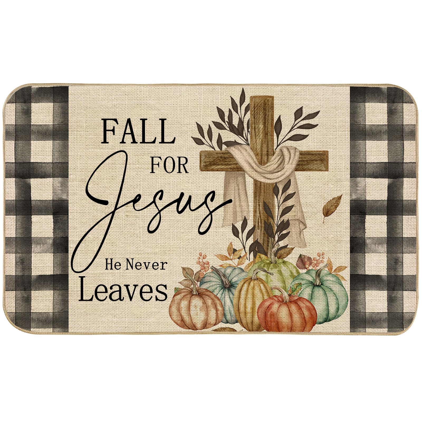 AnyDesign Fall Cross Doormat Autumn Pumpkin Plaids Front Door Mat Non-Slip Farmhouse Decorative Door Rug Carpet for Thanksgiving Indoor Outdoor Home Office, 17 x 29 Inch