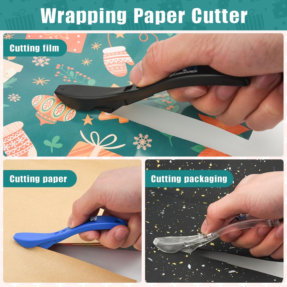 Ambonnprin Wrapping Paper Cutter Tool, Insided Sharp Blade Safety Wrapping Paper Cutter, Craft Paper Cutting Knife, Plastic Carbon Fiber Film Cutting Tool, 2 Pack Blue+Crystal