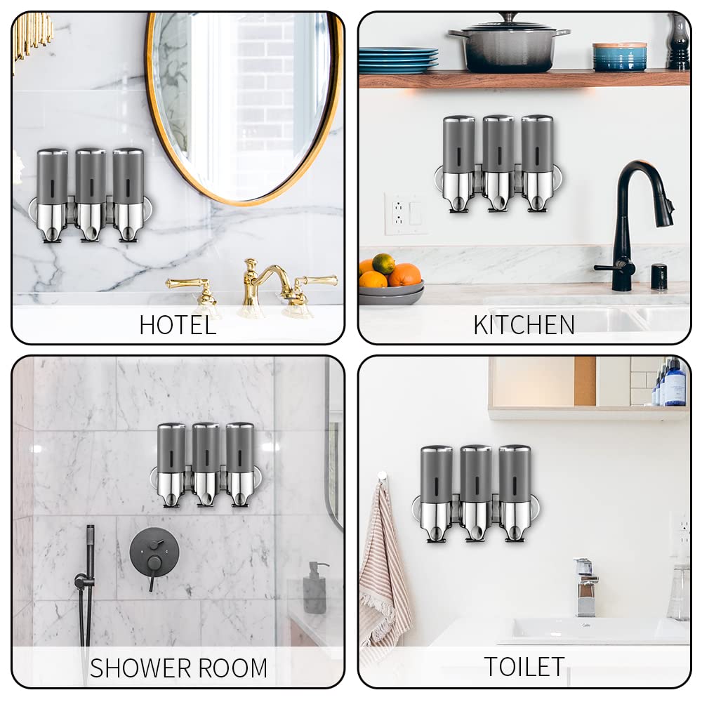 No-Drill 3 Pack 500ml Wall Mounted Soap Dispenser for Bathroom and Kitchen, Shampoo and Conditioner Dispenser Drill Free with Adhesive(Round-Grey)