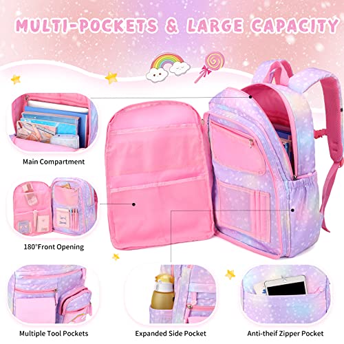 BEFUNIRISE Girls Backpack, School Backpacks 16 17 inch for Girls,Cute Book Bag for Teen Kid Elementary Middle High School (Purple Set, Small)