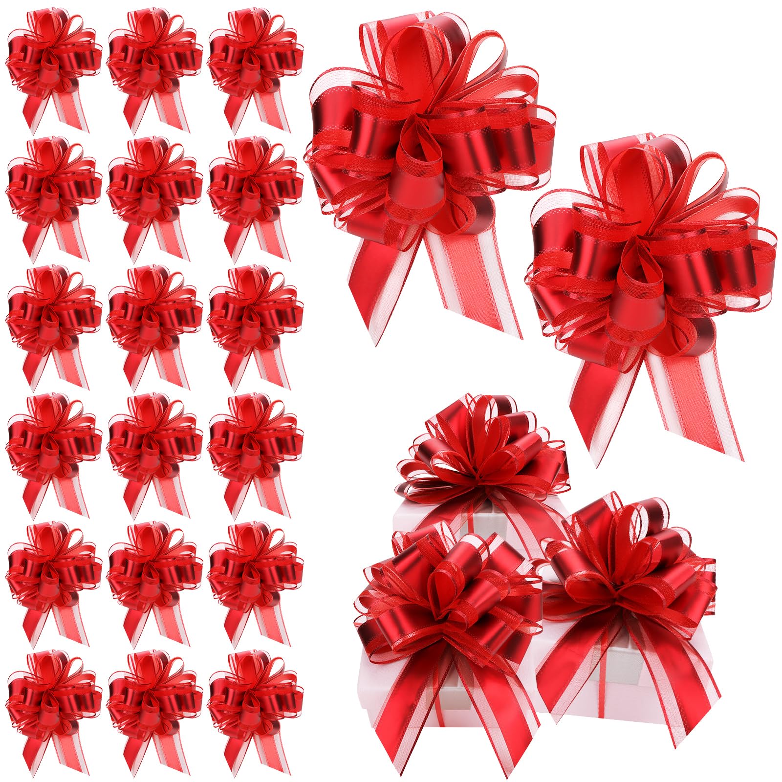 AMCAMI 20 Pieces Large Red Pull Bows for Gift Wrapping Christmas Gift Bows Organza Pull Bow for Xmas Gift Decoration Big Red Ribbon Bows for Wedding Party Birthdays Holidays