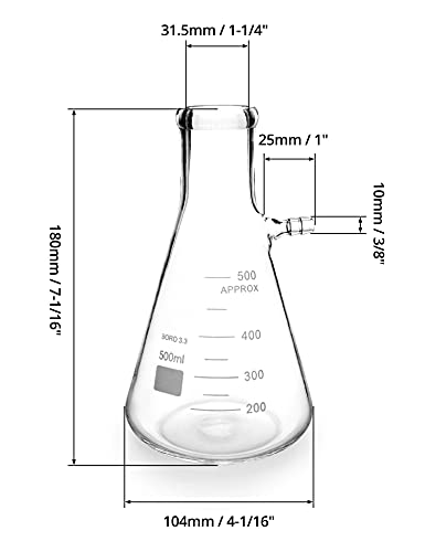 QWORK Filtering Flask with Upper Tubulation, 500ml Heavy Duty Borosilicate Glass Conical Shape Filtering Flask Narrow Mouth and Top Finish with Integral Side Arm, Single