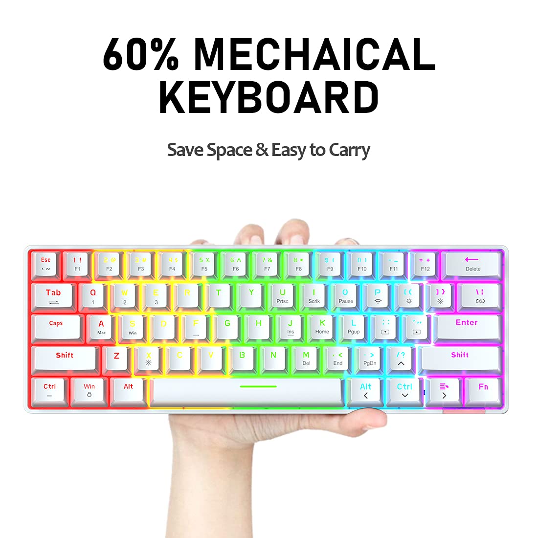 60% Wireless Mechanical Keyboard and Wired Mouse,Chroma RGB 12 LED Backlit Type C Wired 61 Keys Compact Gaming Keyboard Bluetooth 5.0 Blue Switch,RGB Gaming Mouse 6400DPI for PC Laptop Gamer (Blue)