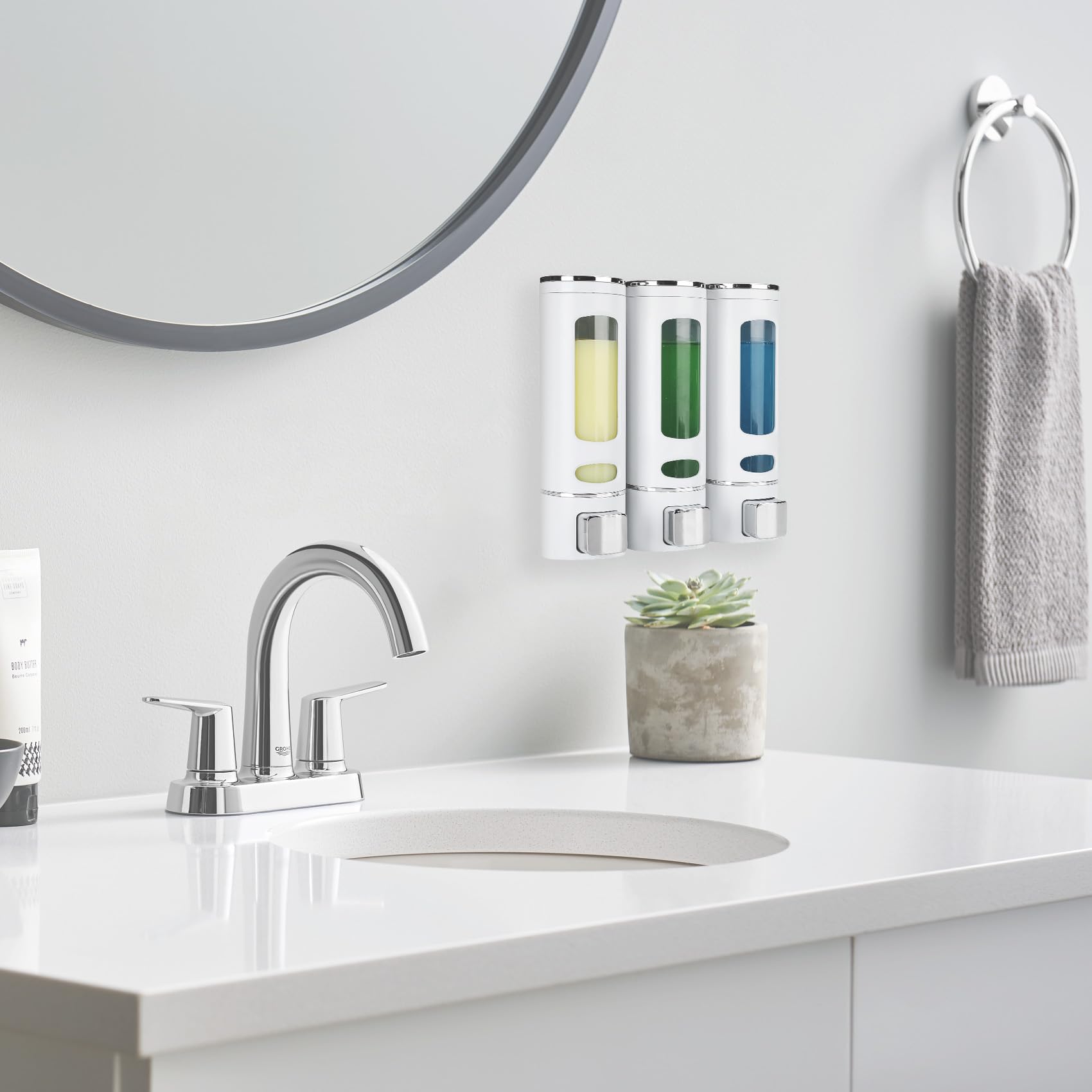 Nellyke Shampoo Dispensers for Shower Wall Mounted Soap Dispenser 3 Chambers Conditioner Body Wash Dispenser Set Clear with Glue(or Wall Mounted by Screws),3 Chambers,White