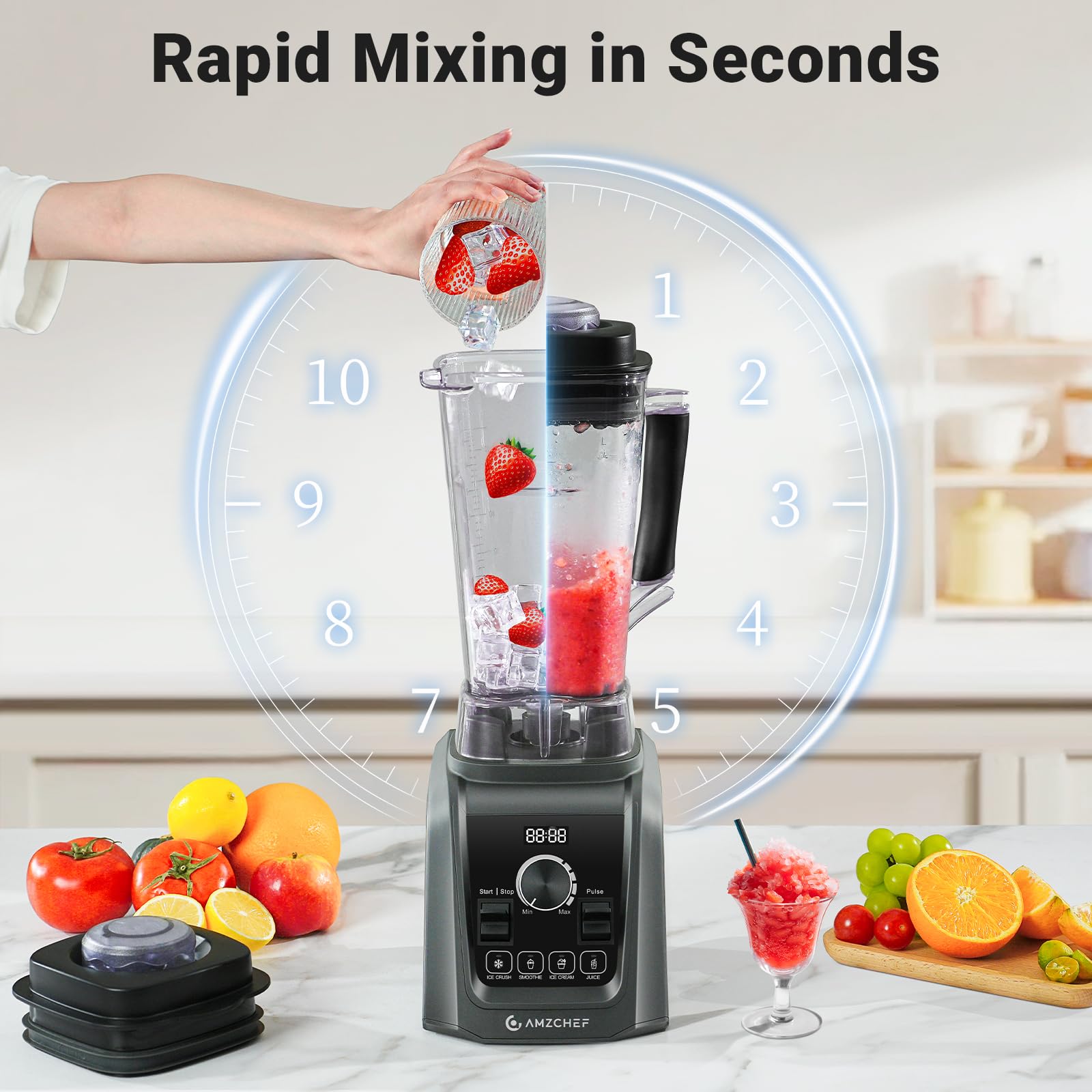 Amzchef 1200W Blenders for Kitchen, 4 Preset Menus for Shakes and Smoothies, Puree, Crush Ice & Hearty Soups with Infinitely Variable Speed & Pulse, 68 oz. Pitcher - Black