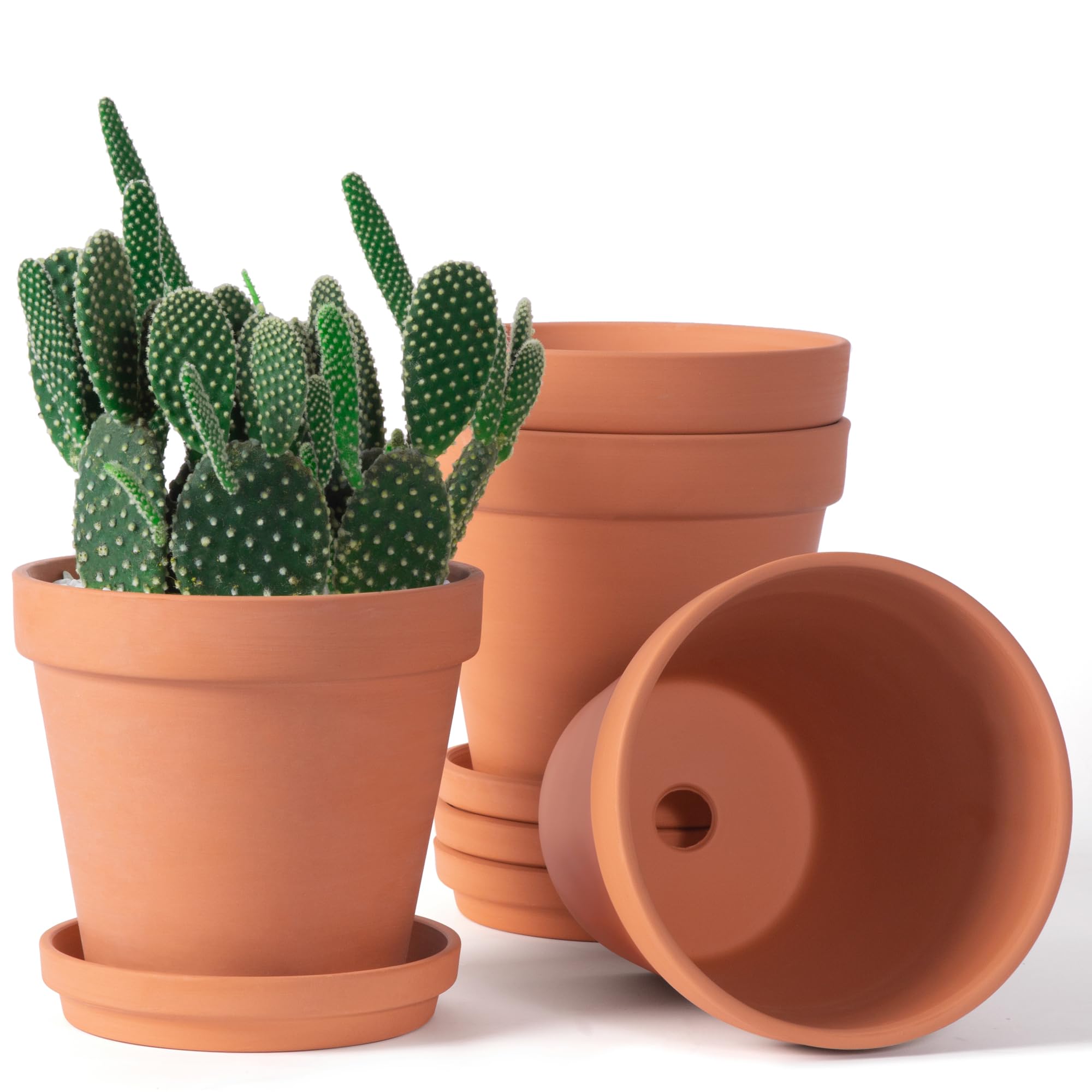 6 inch Clay Pots for Plants with Saucer, Large Terra Cotta Plant Pots with Drainage Hole, Flower Pots with Tray, Terracotta Pots for Indoor Outdoor Plant - Pack of 4 Planters