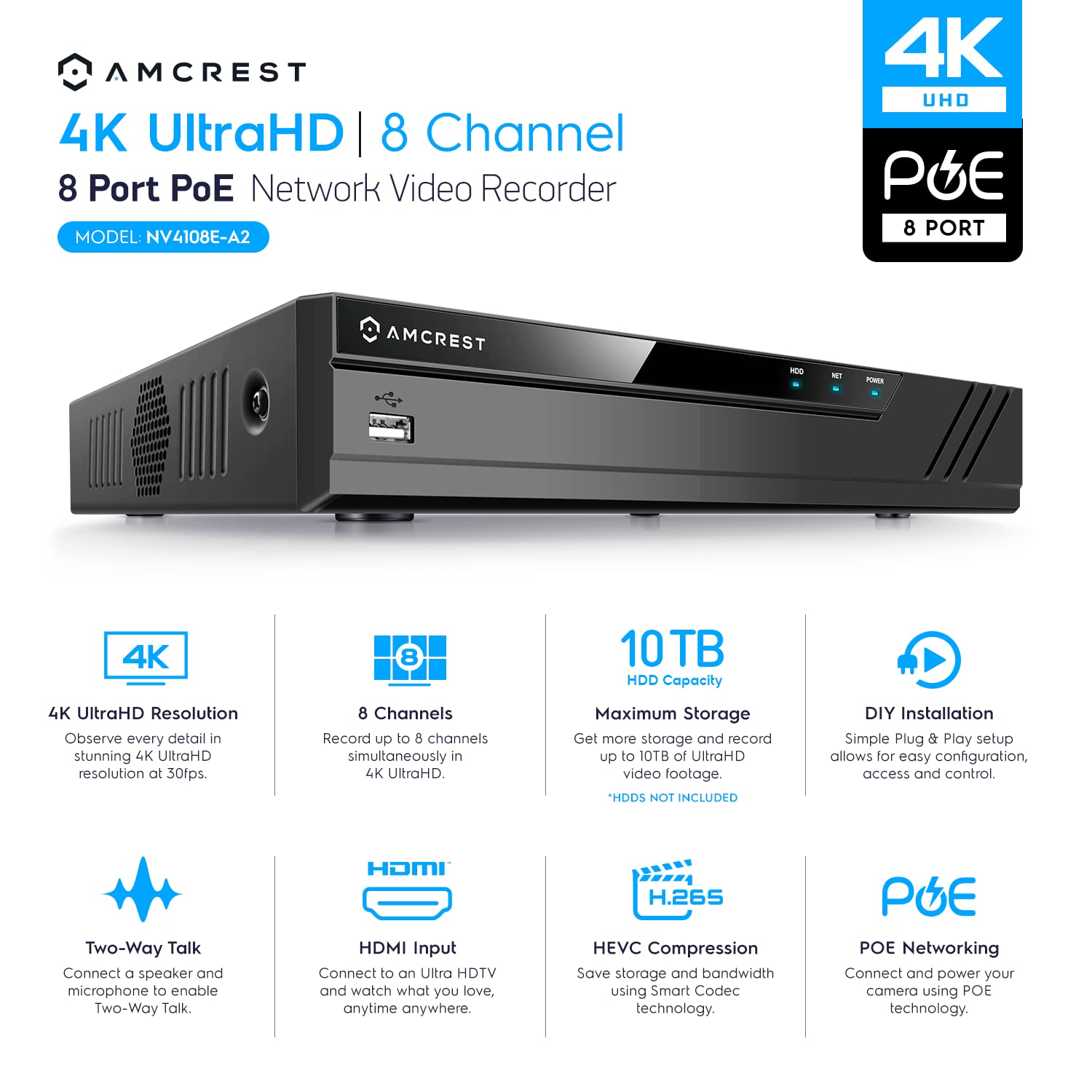 Amcrest 5MP POE Security Camera System Outdoor, 8CH POE NVR, 4pcs 5MP Turret POE Cameras, IP67 Metal Turret POE IP Cameras, Built in Mic, Pre-Installed 2TB Hard Drive, NV4108E-IP5M-T1179EB4-2TB