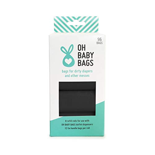 Oh Baby Bags Disposable Dirty Diaper Bags, 96 Count, 8 Refill Rolls with Tie Handles, Scented Options, (Black)