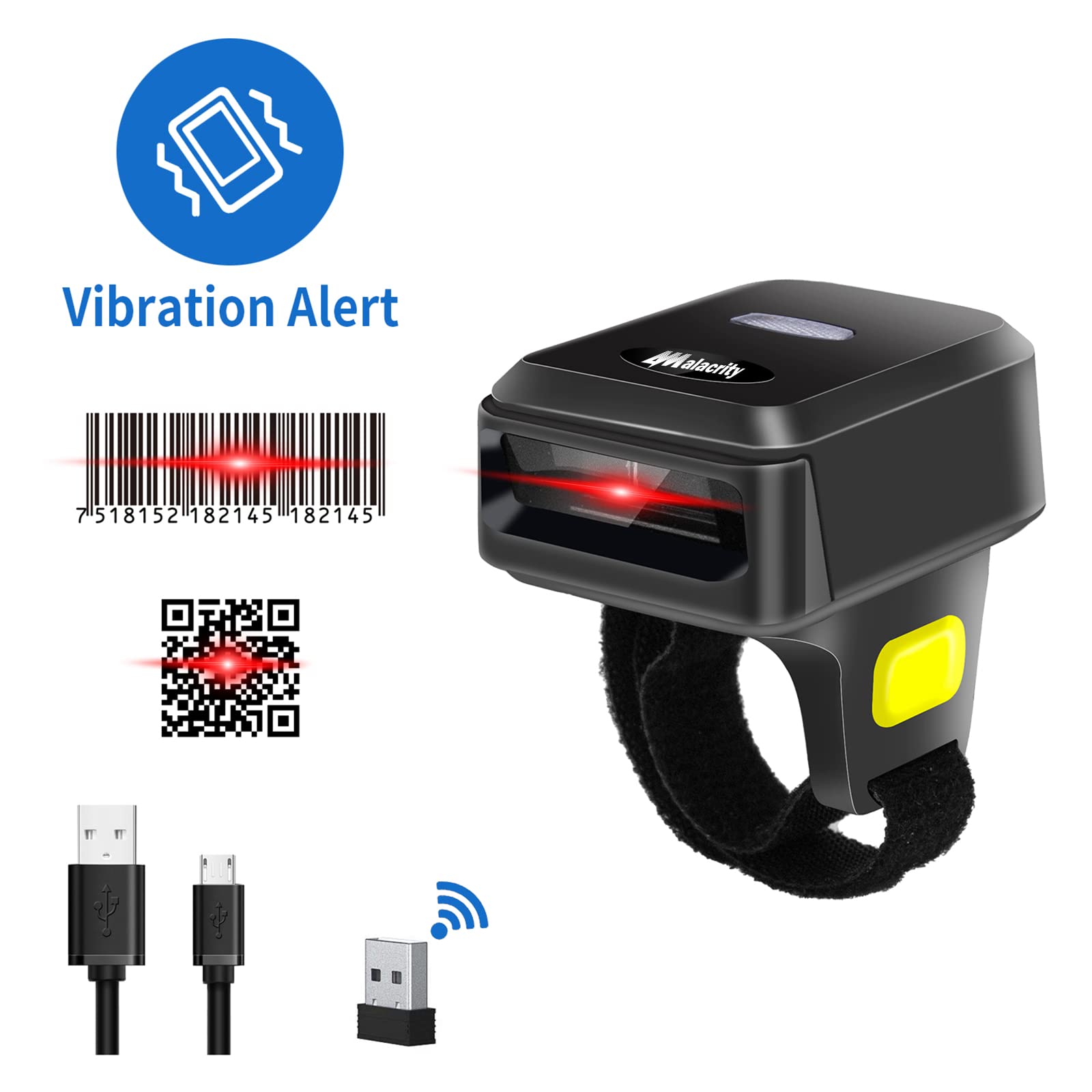 Alacrity 2D Wireless Ring Barcode Scanner,Portable Bluetooth Wearable Finger 1D 2D Mini Bar Code Reader Scanner Suppot Screen Scanning with Bluetooth & 2.4GHz Wireless & Wired Connection Scanner