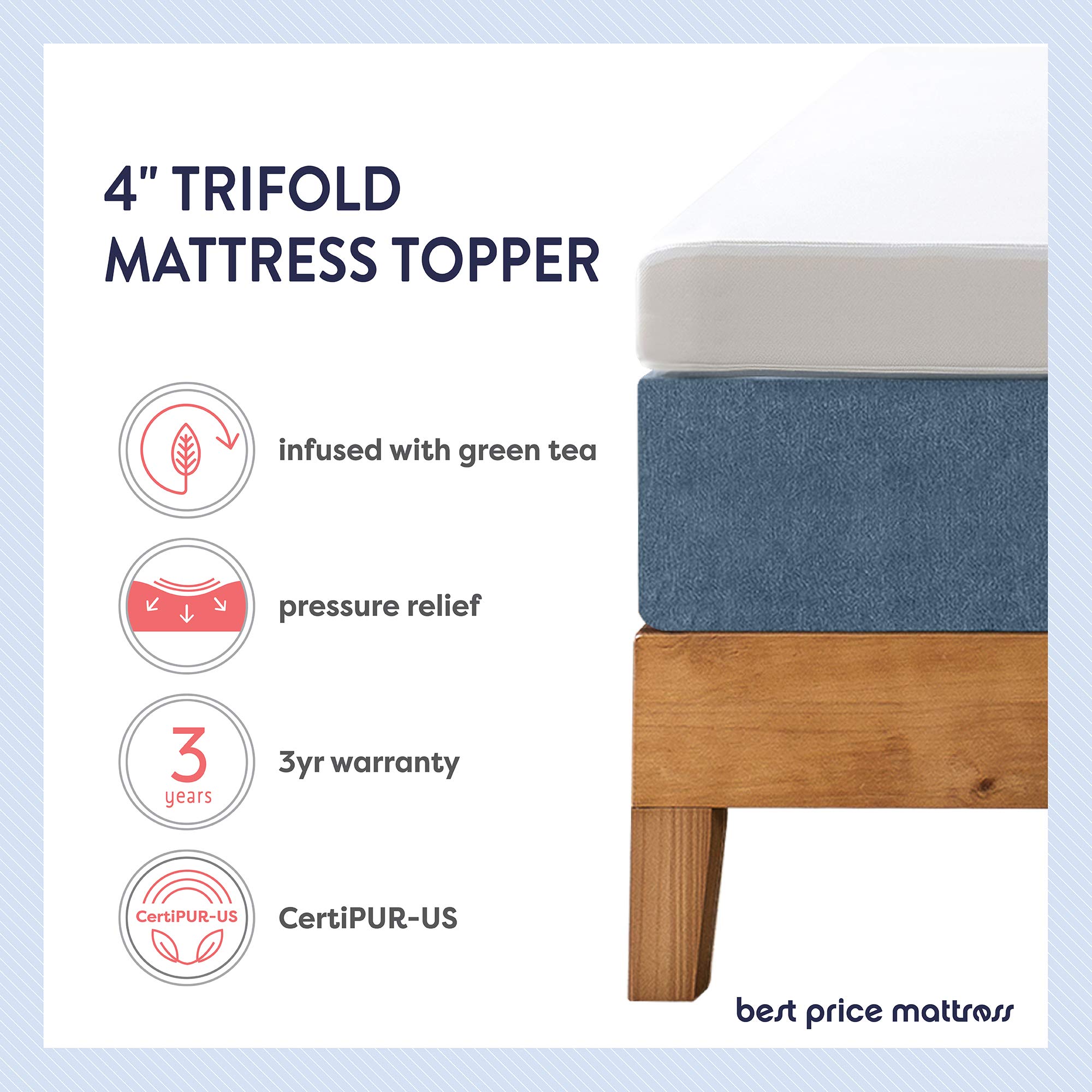 Best Price Mattress 4 Inch Trifold Memory Foam Mattress Topper with Cover, CertiPUR-US Certified, Short Queen