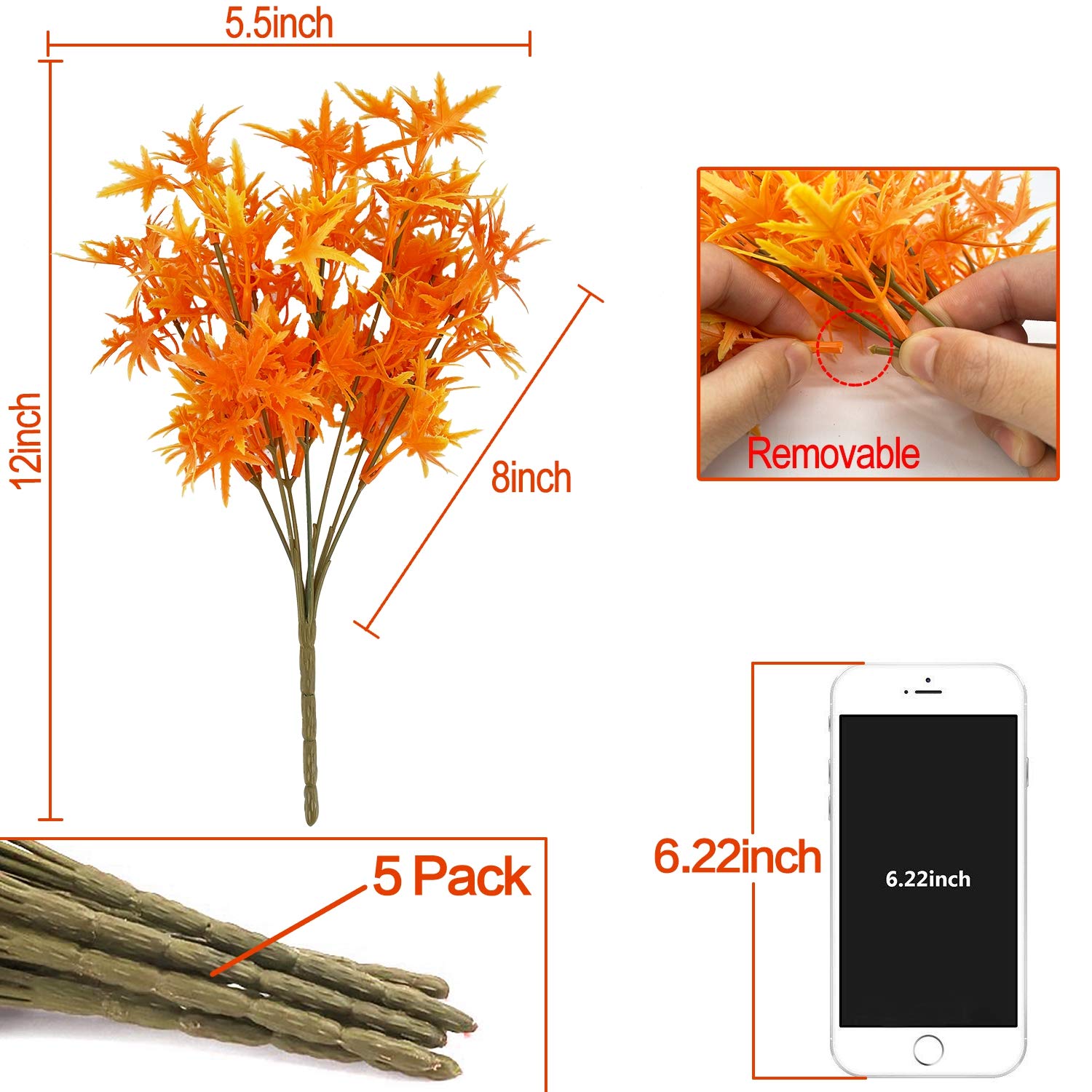5PCS Thanksgiving Decorations Artificial Fall Maple Leaves Branches Decoration,Faux Plastic Autumn Fall Leaves Stem Greenery Shrubs Plants Indoor Outdoor Home Garden Party Table Decor(Orange)