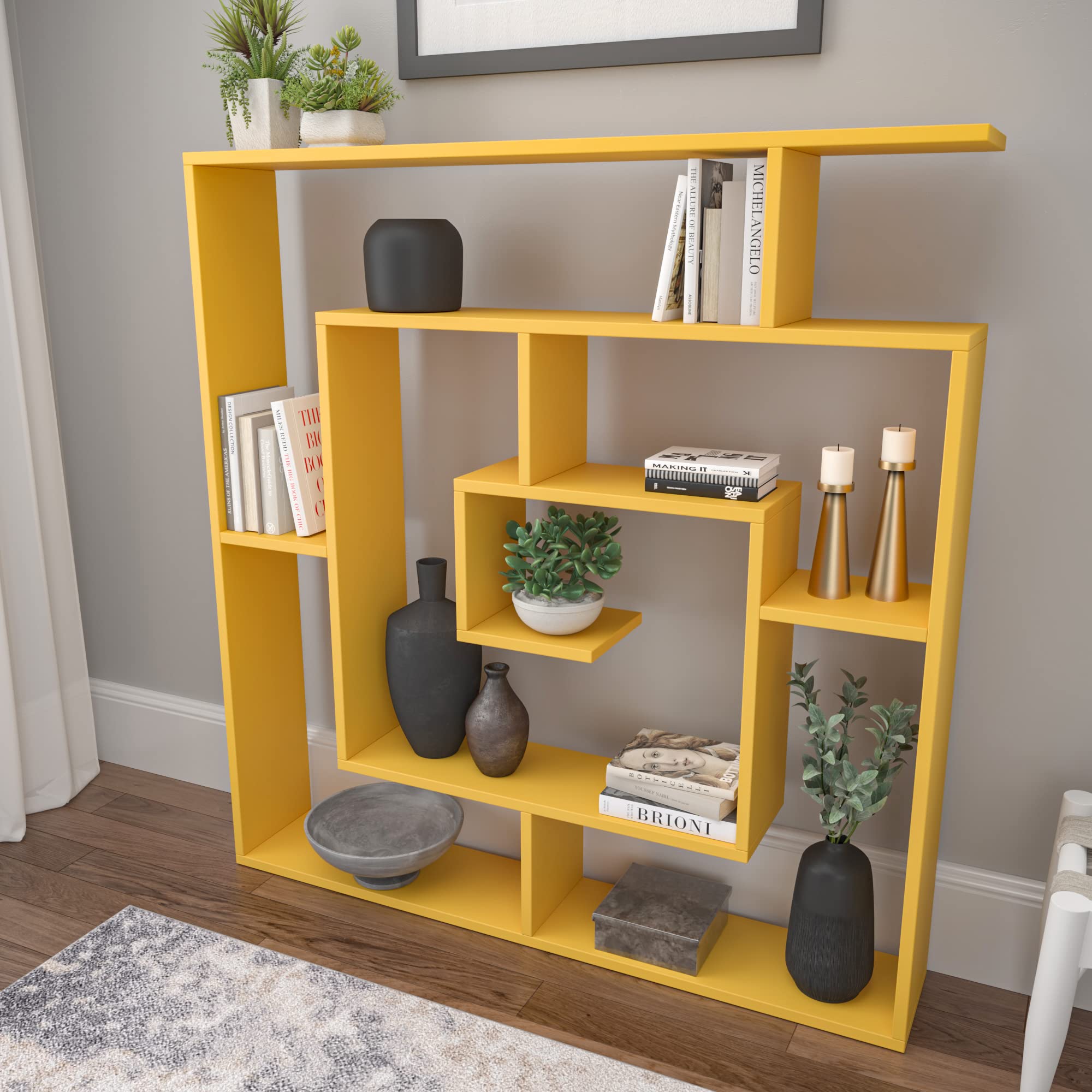 Ada Home Decor Briscoe Modern Mustard Bookcase 50.2'' H x 49.2'' W x 8.66'' D/Shelving Unit/Bookshelf