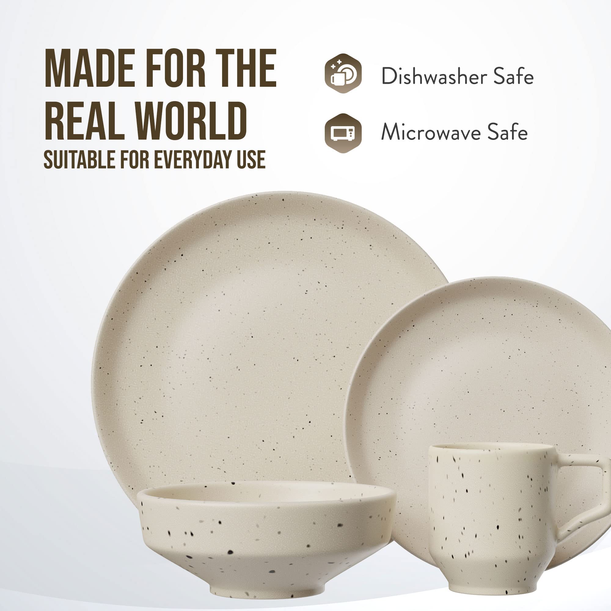 American Atelier Reactive 4-Piece Stoneware Place Setting | Coffee Mug, Bowl, Plate Set | Kitchenware | Stoneware Dinnerware Set | Microwave, Dishwasher Safe | Service for 1 (Speckled Cream)
