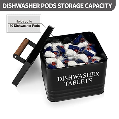Calindiana Modern Farmhouse Metal Dishwasher Pods Container Holder with Lid for Kitchen Organization and Storage, Kitchen Essentials Decor Accessories, Black