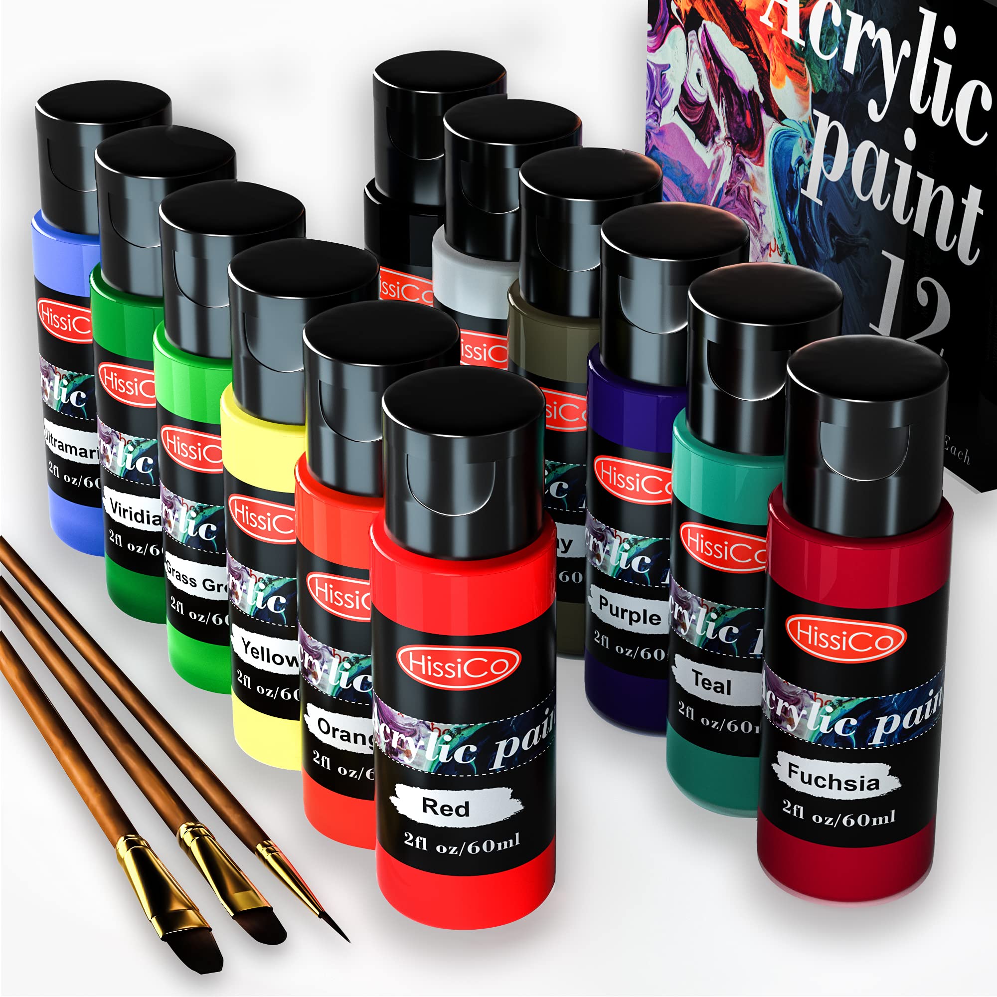 Acrylic Paint Set with 48 Colors in 22ml Tubes and 12 Brushes for Kids and Adults Beginners Students Professionals