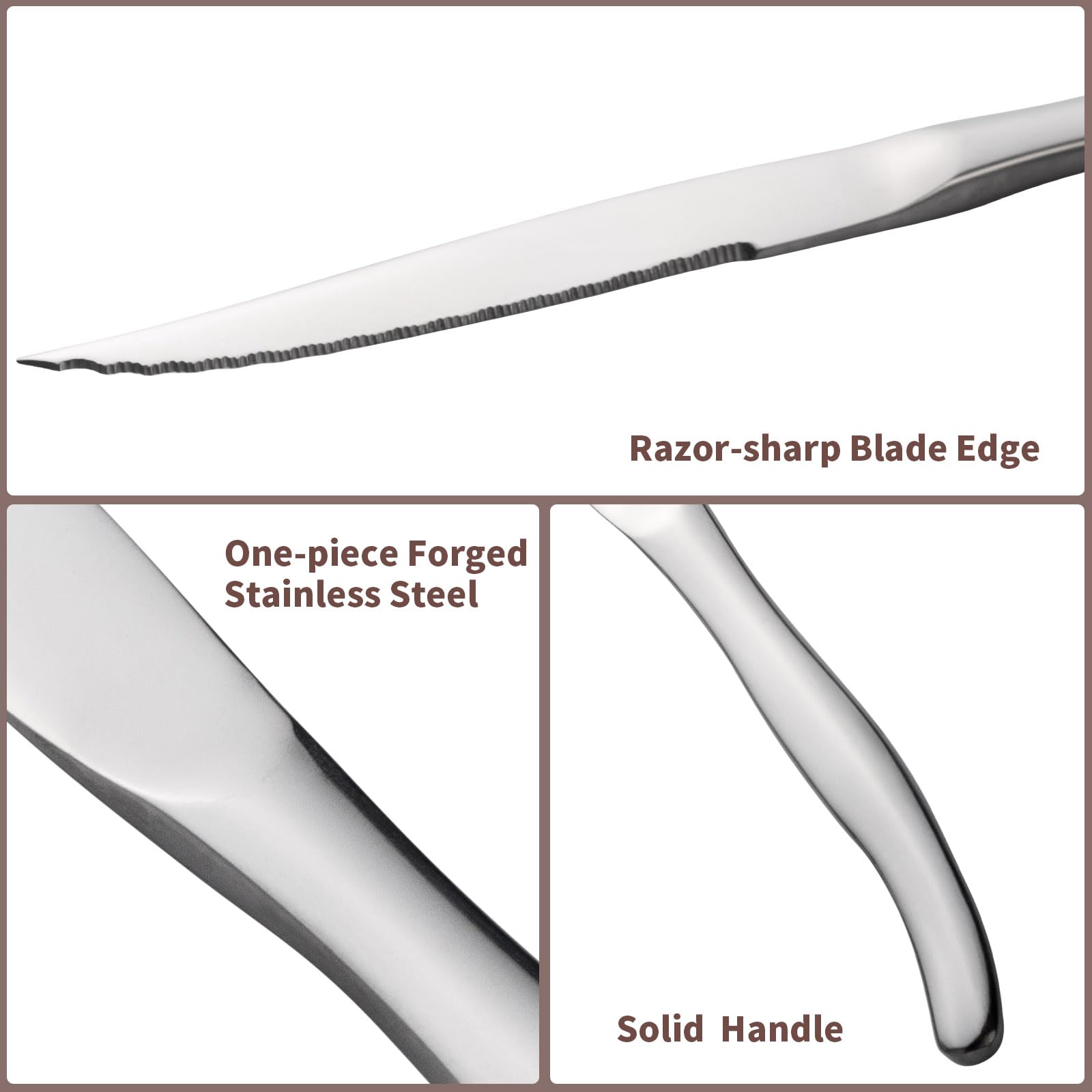 Alata 8-Piece Steak Knives Set, Stainless Steel Steak Knife set with Serrated Edge, Razor-Sharp, One-piece Forged Construction, Dishwasher Safe