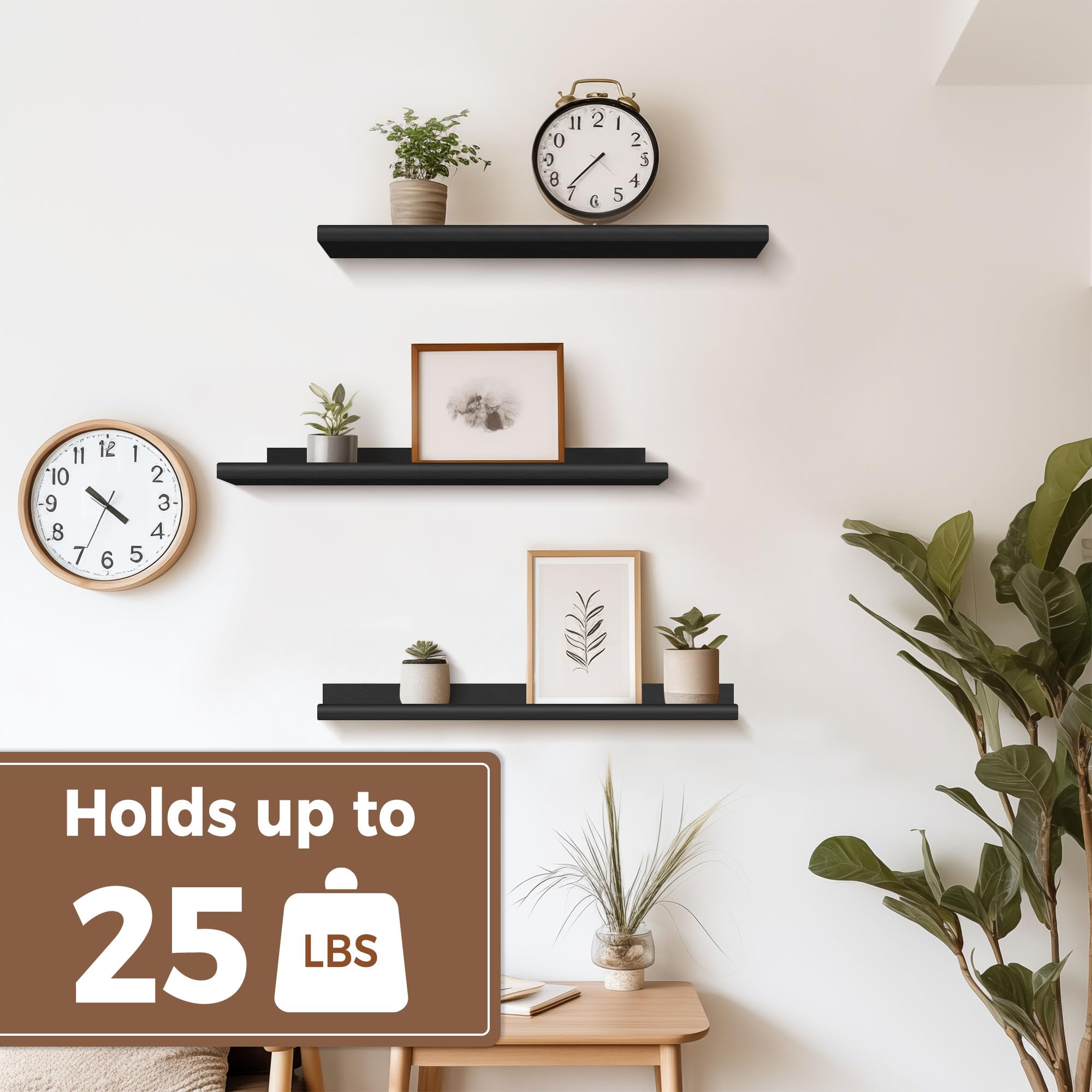Annecy Floating Shelves, 23.6 Inch Floating Shelves for Wall, Wall Shelves Set of 3, Floating Shelves with Lip for Bathroom Kitchen Bedroom, 3 Different Widths, Dark Carbonized Black