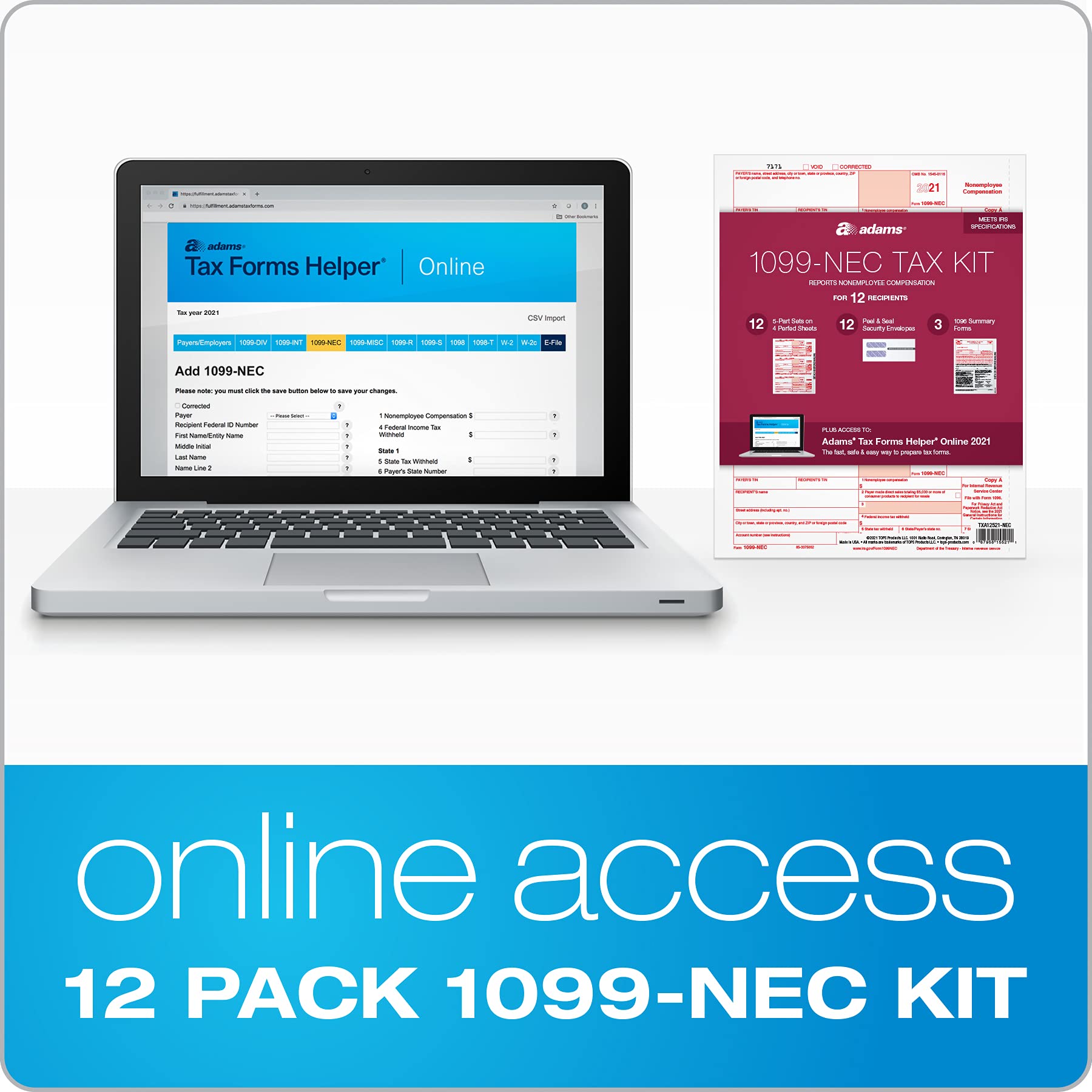 Adams 1099 NEC Forms 2021, Tax Kit for 12 Recipients, 5 Part Laser 1099 Forms, 3 1096, Self Seal Envelopes & Tax Forms Helper Online (TXA12521-NEC)