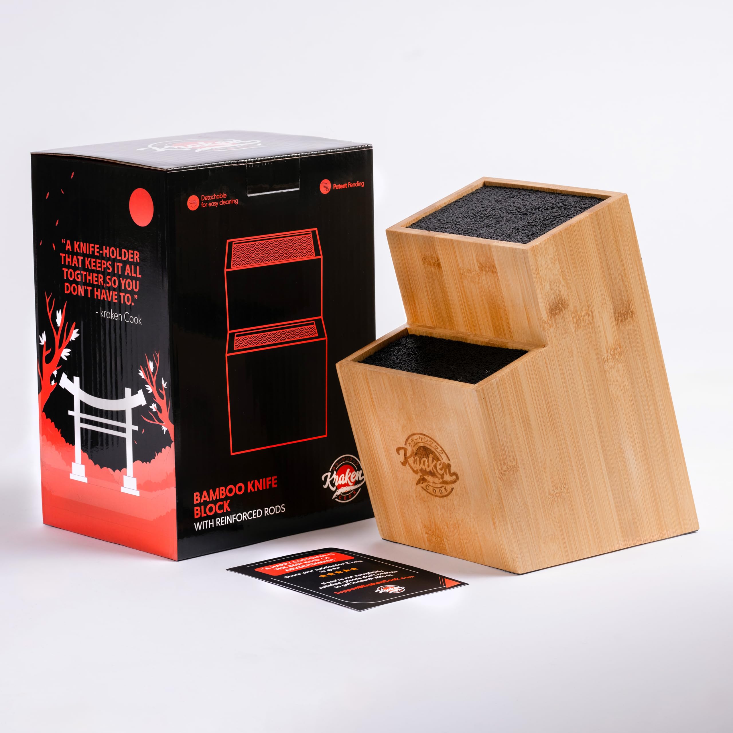 KrakenCook Bamboo Universal Knife Block - Extra large - Without Knives - Strong Resistant Rods - Anti Slip - Two Teired Slotless Knife Organiser