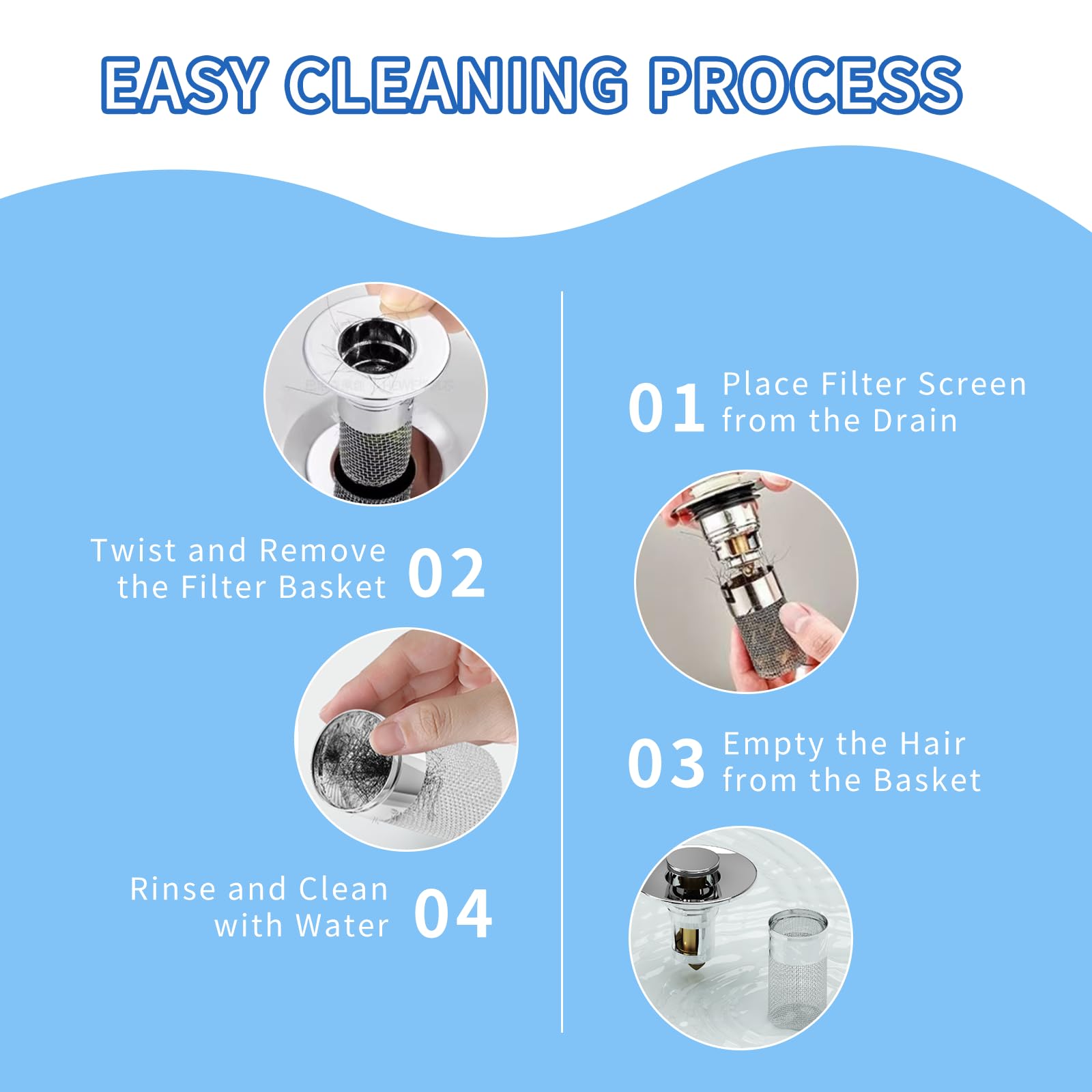 3PCS Bathroom Sink Stopper, Pop-Up Bathroom Sink Drain Strainer with Removable Stainless Steel Hair Catcher Basket, Universal Fit for US Bathroom Sinks,Bathtubs,Showers & Floor Drains Replacement Part