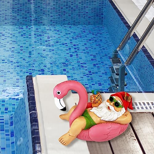 Mood Lab Garden Gnome on Flamingo - Funny Gnome Figurine - 8 Inch Depth Lawn Statue - for Outdoor or House Decor