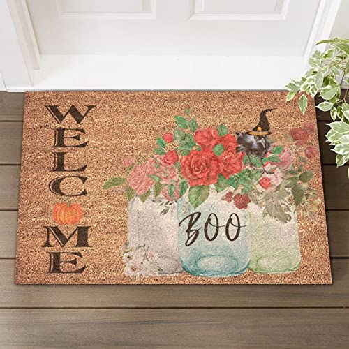 Coir Door Mat Natural Fade - Vinyl Backed Welcome Halloween Fall Summer Door Mat 16x24in Fall Floral Flowers Jars Sunflowers Pumpkins Houses Doormat Home Entryway Farmhouse Decor