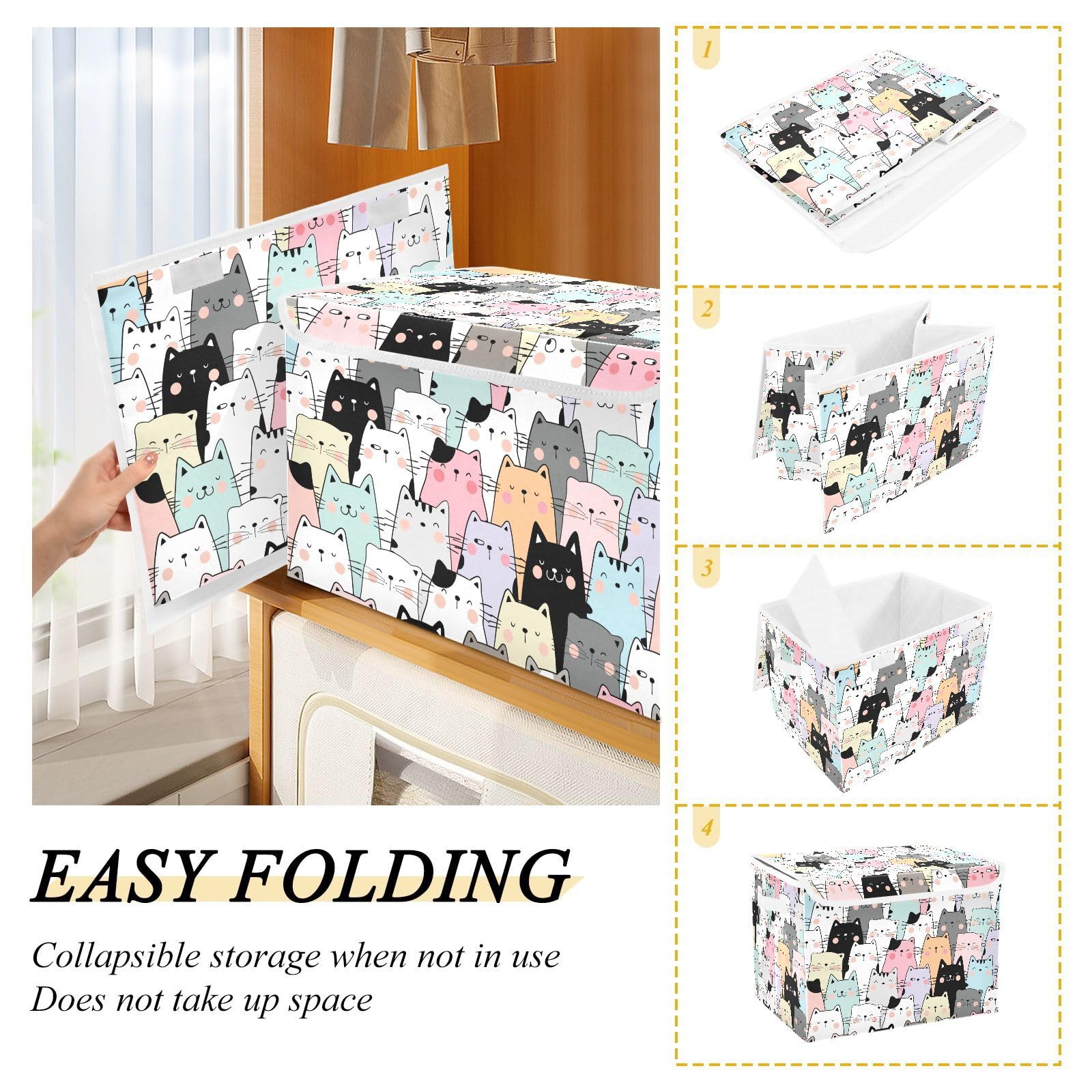 ALAZA Collapsible Large Storage Bin with Lid, Cute Cat Funny Face Foldable Storage Cube Box Organizer Basket with Handles, Toy Clothes Blanket Box for Shelves, Closet, Nursery, Playroom
