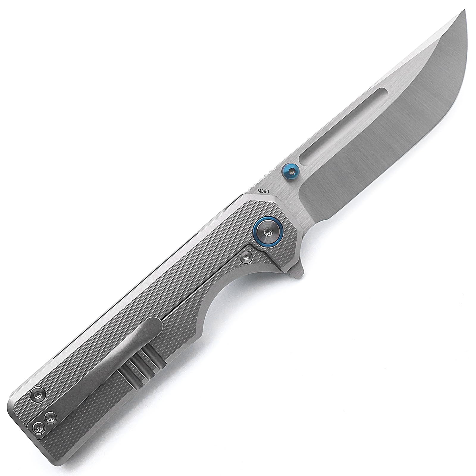 Ameight Knives Glear II Flipper Folding Knife 3.45" M390 Hand Hollow Ground Rubbed Satin Blade Sandblasting Titanium Handle Camping Hiking Pocket Knife AM8-007GYII