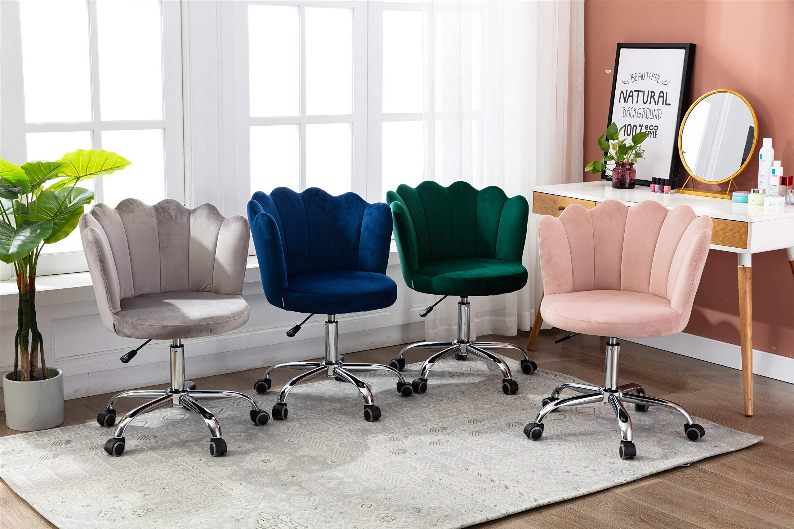 Yoluckea Modern Velvet Swivel Office Chair, Pink, Adjustable Height, Ergonomic Design