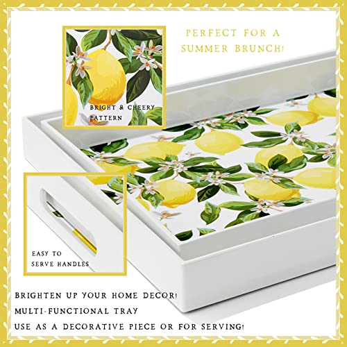 American Atelier Set of 2 Lemons and Blossoms Rectangular Serving Tray with Handles- Indoor & Outdoor Platter for Home Entertaining, Cocktail Hour, Snacks, Barware, Perfume (Large 19x14, Small 18x12)