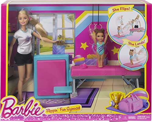 Barbie Gymnastic Dolls & Accessories, Flippin' Fun Gymnast Playset with 2 Dolls, Balance Beam & Flipping Dismount Action